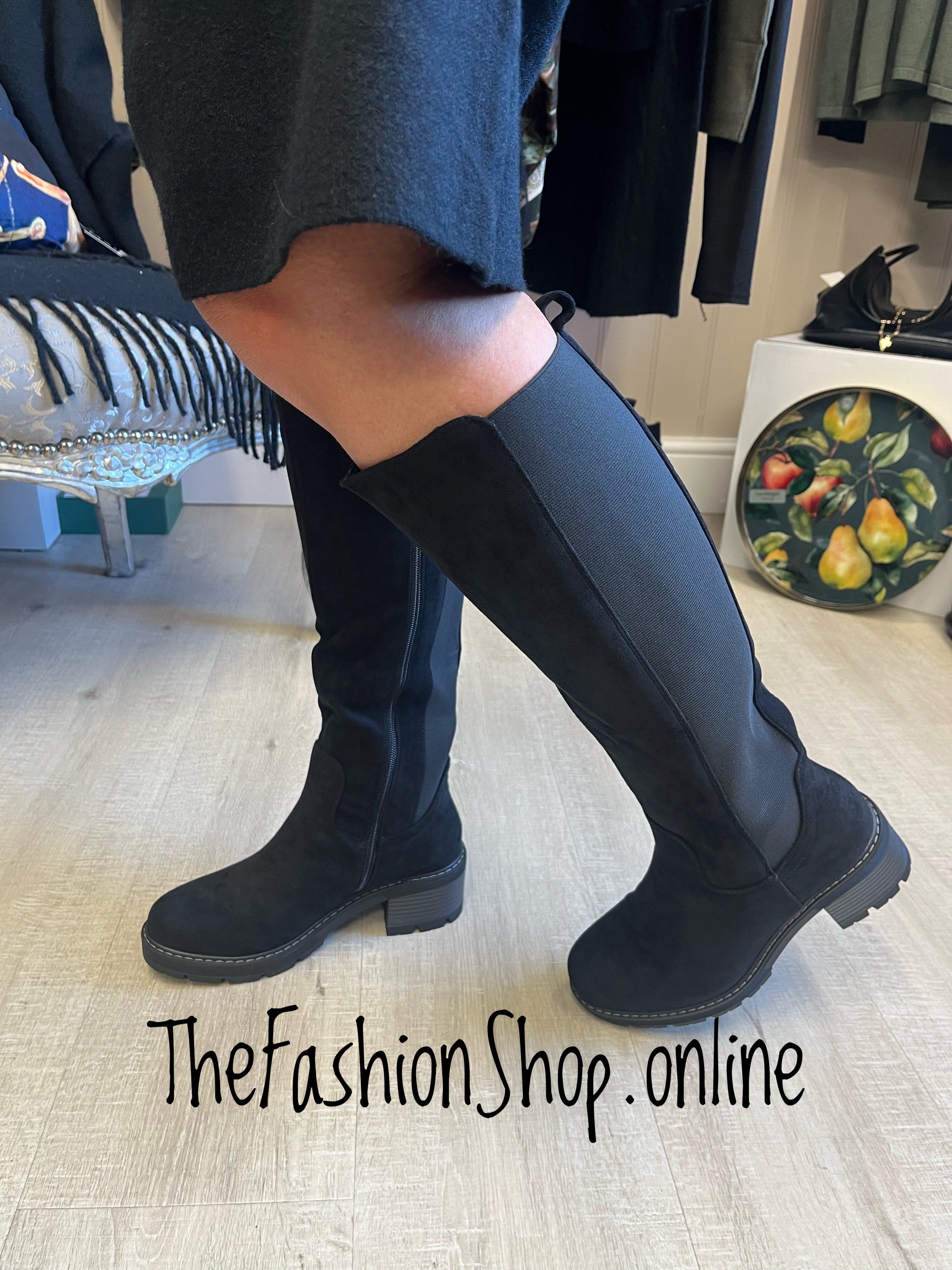 Sadie Black Faux Suede Knee High Boots Sizes 36 To 41 – The Fashion Shop
