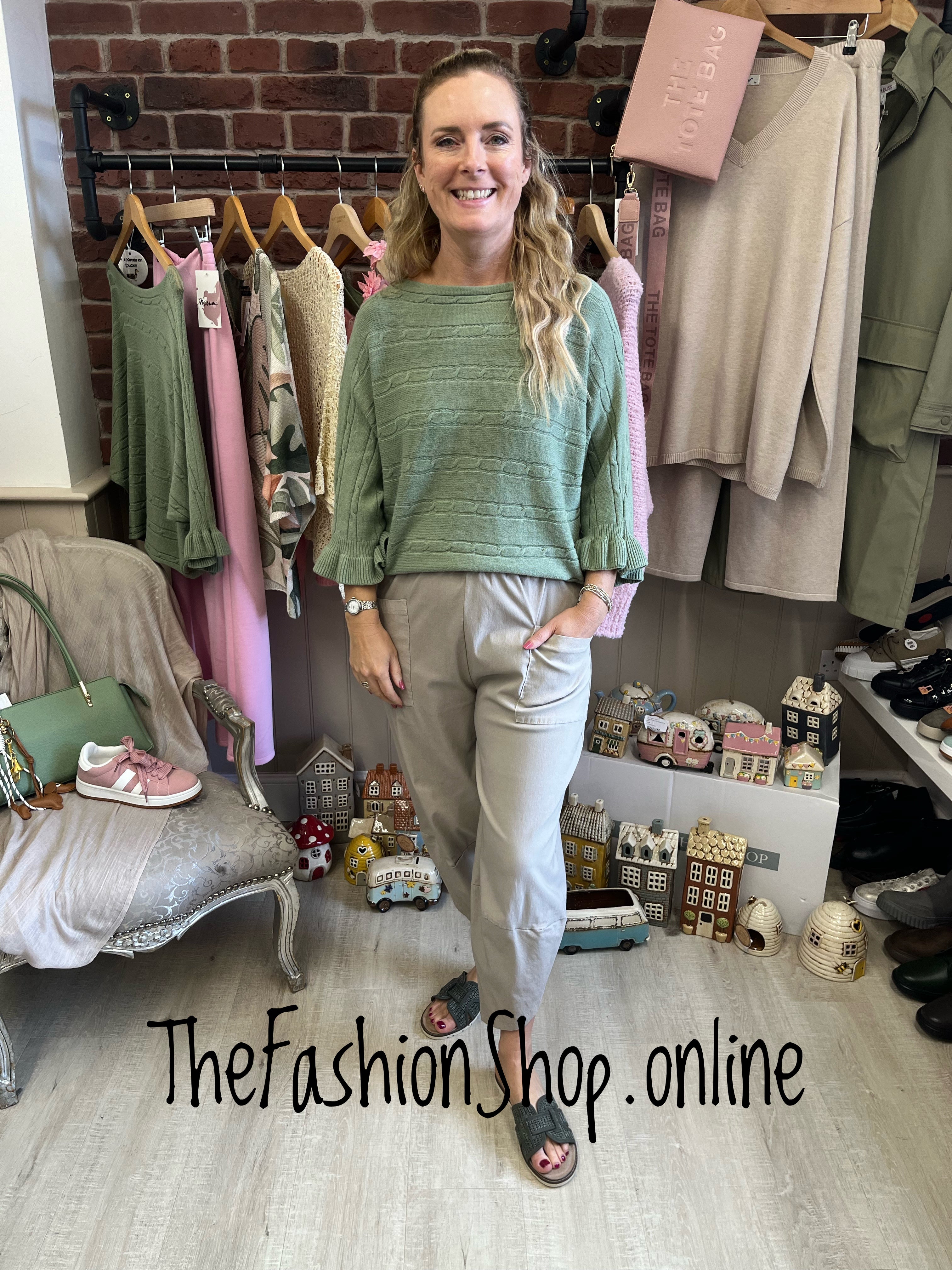 Eleanor Sage Green Frill Sleeve Jumper Size 10 To 16 – The Fashion Shop